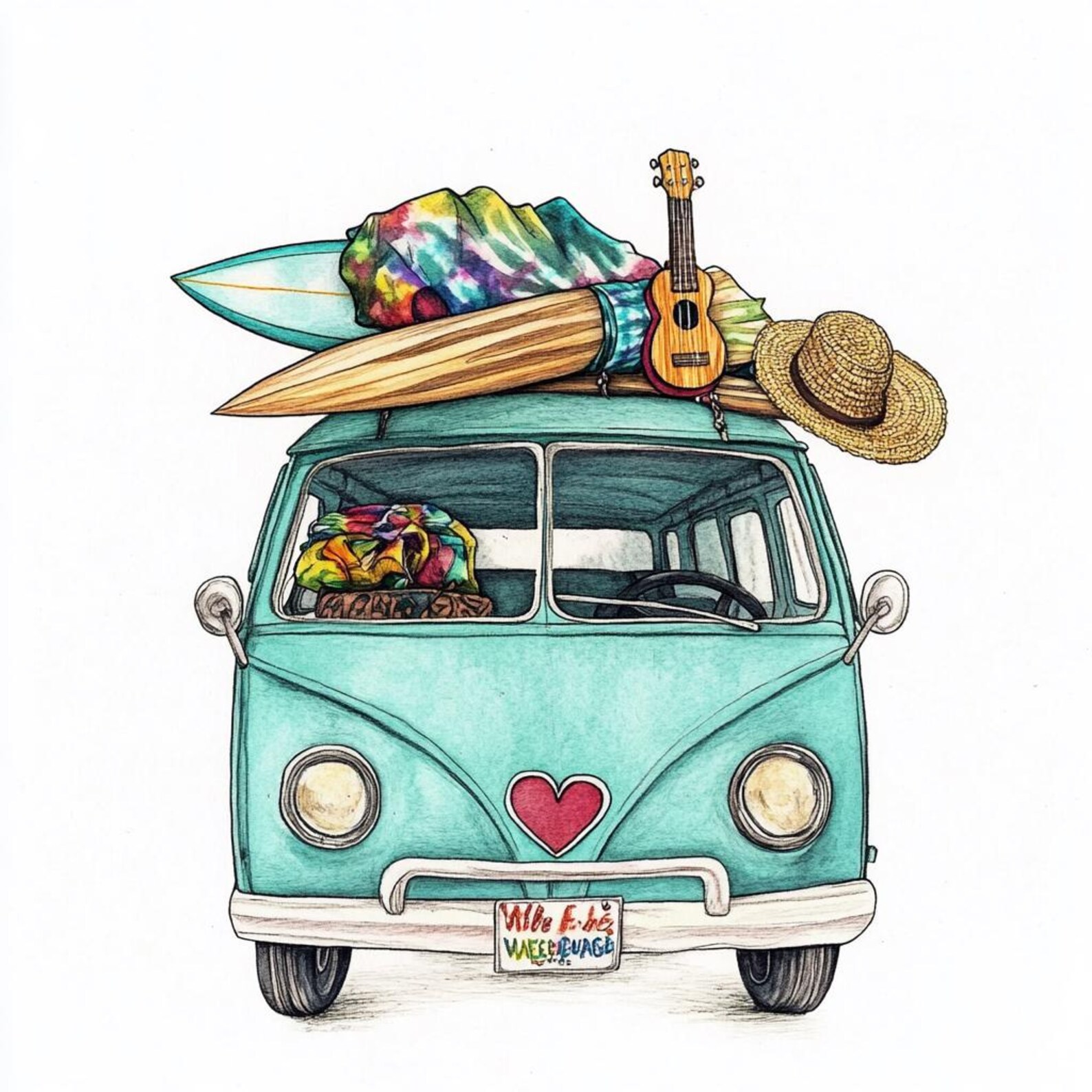 Surf Van Clipart Set – 10 High-res Watercolor Jpgs – Retro Beach Bus ...