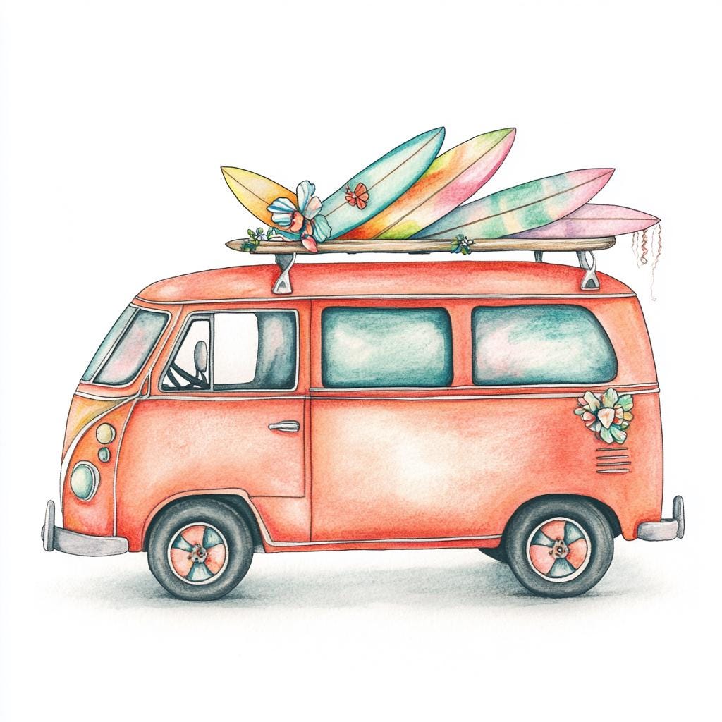 Surf Van Clipart Set – 10 High-res Watercolor Jpgs – Retro Beach Bus ...