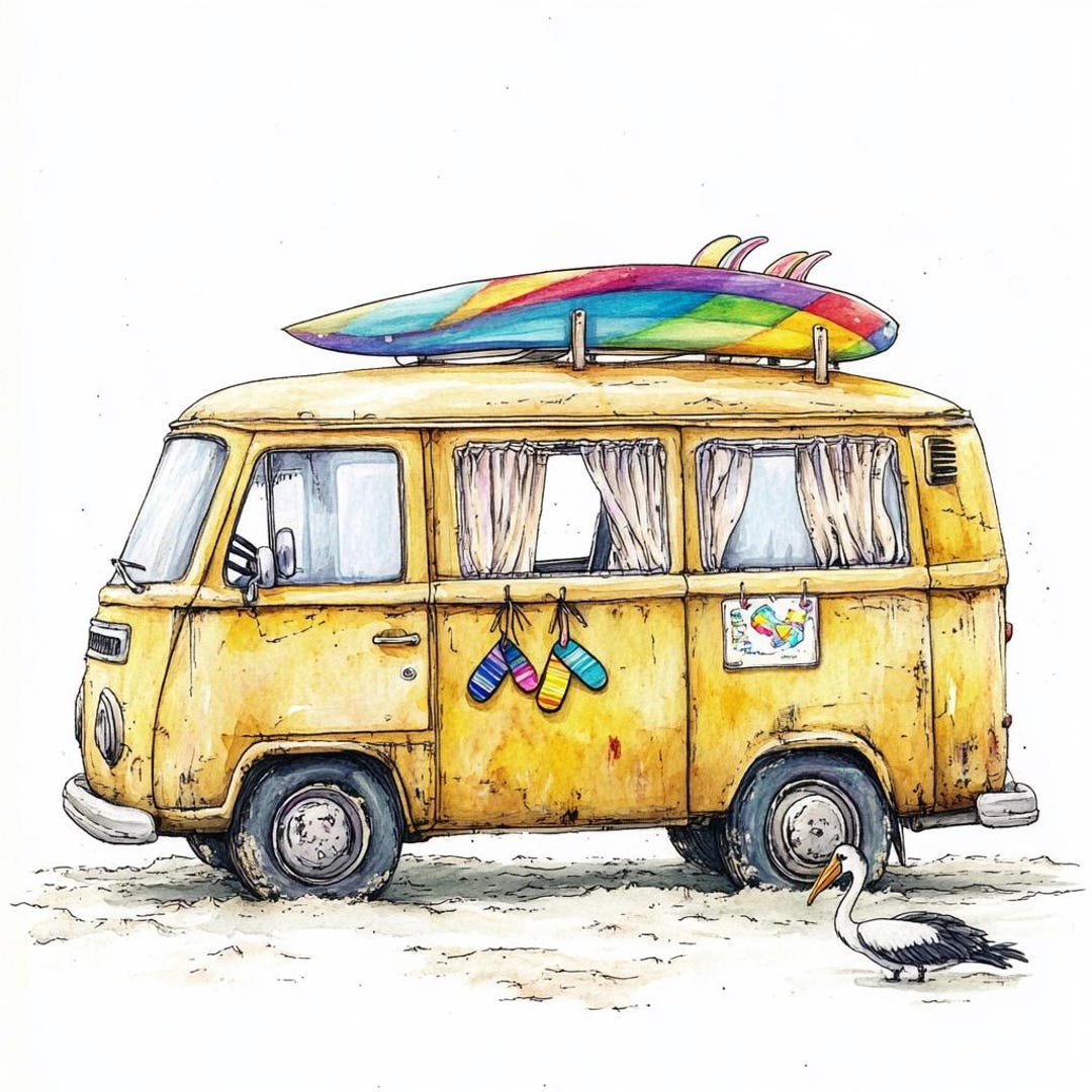Retro Beach Van Clipart – 10 High-res Watercolor Jpgs – Summer Surf Bus ...