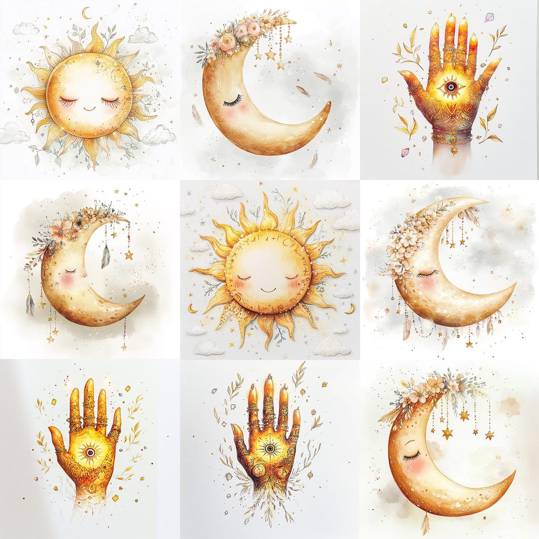 Celestial Boho Clipart Set – 10 High-res Mystical Watercolor Jpgs – Sun ...