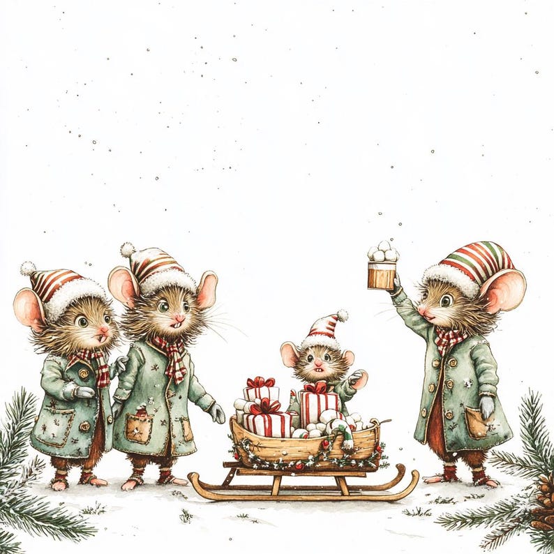 Cozy Christmas Mice Clipart – 10 Watercolor Winter Mouse Jpgs – Hot ...