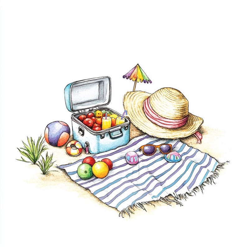 Beach Picnic Clipart – 10 High-res Watercolor Jpgs – Summer Food ...