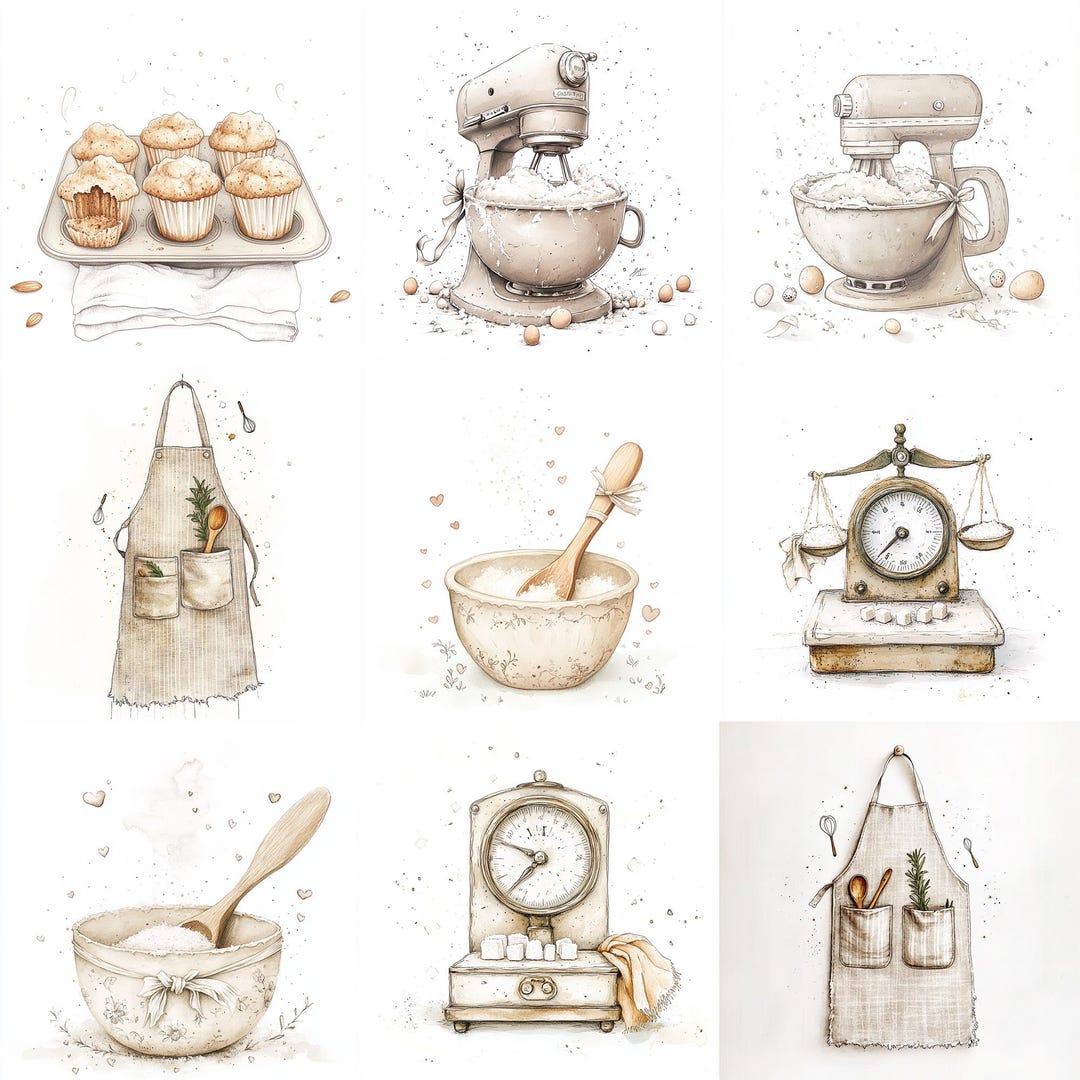 Rustic Baking Clipart Set – 10 High-res Watercolor Jpgs – Vintage ...