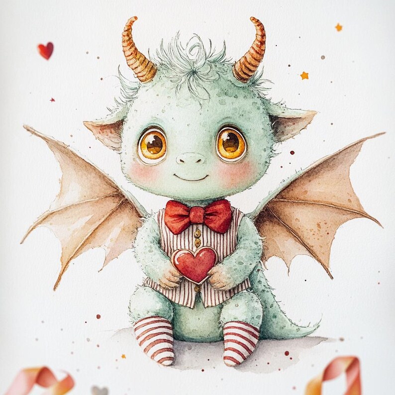 Valentine Dragon Clipart – 10 High-res Watercolor Cute Monster Jpgs ...