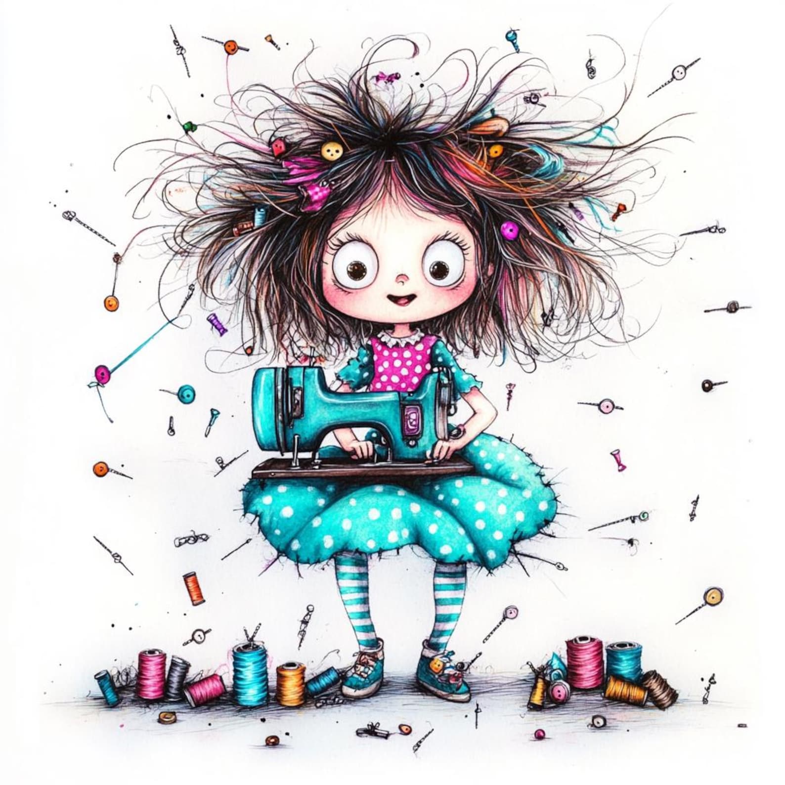 Whimsical Sewing Girl Clipart – 10 High-res Watercolor Jpgs – Cute ...