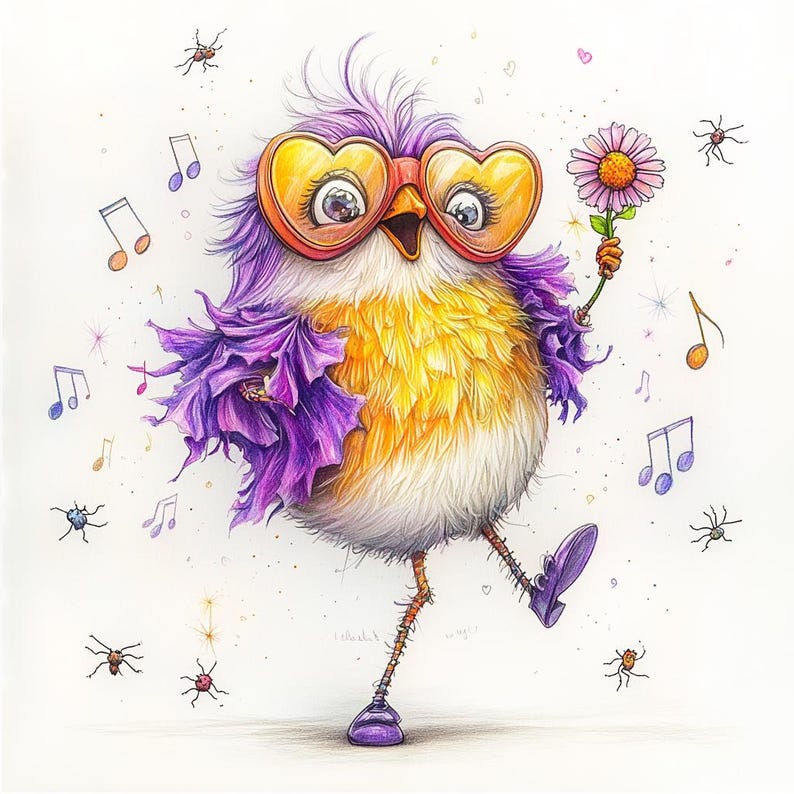 Funky Dancing Bird Clipart – 10 Quirky Watercolor Jpgs – Funny Party ...