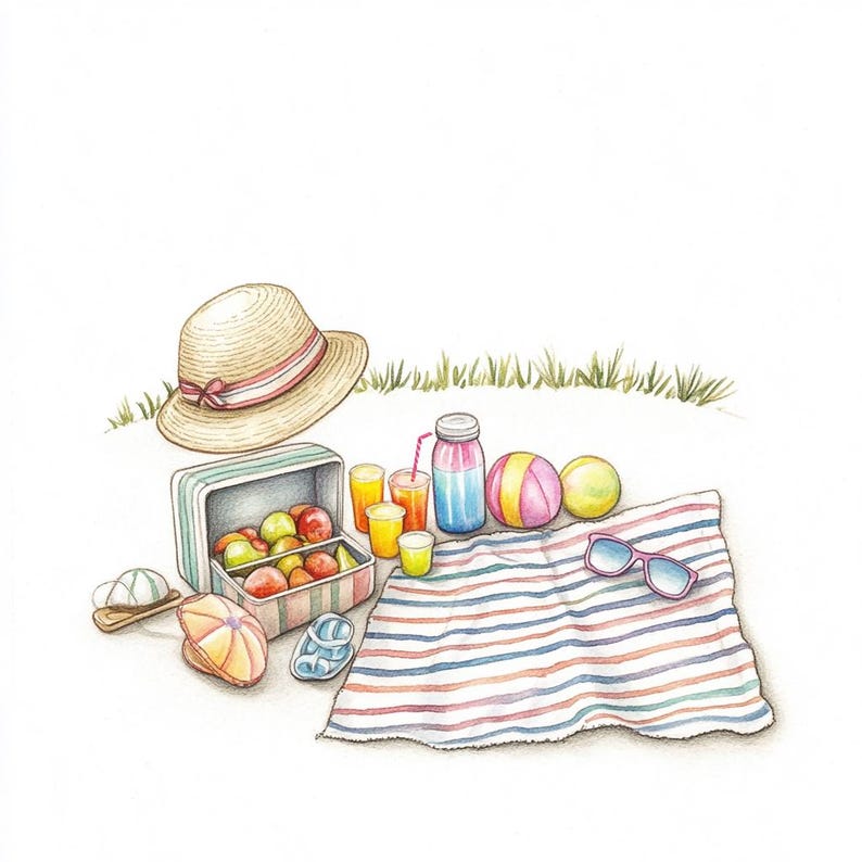 Beach Picnic Clipart – 10 High-res Watercolor Jpgs – Summer Food ...