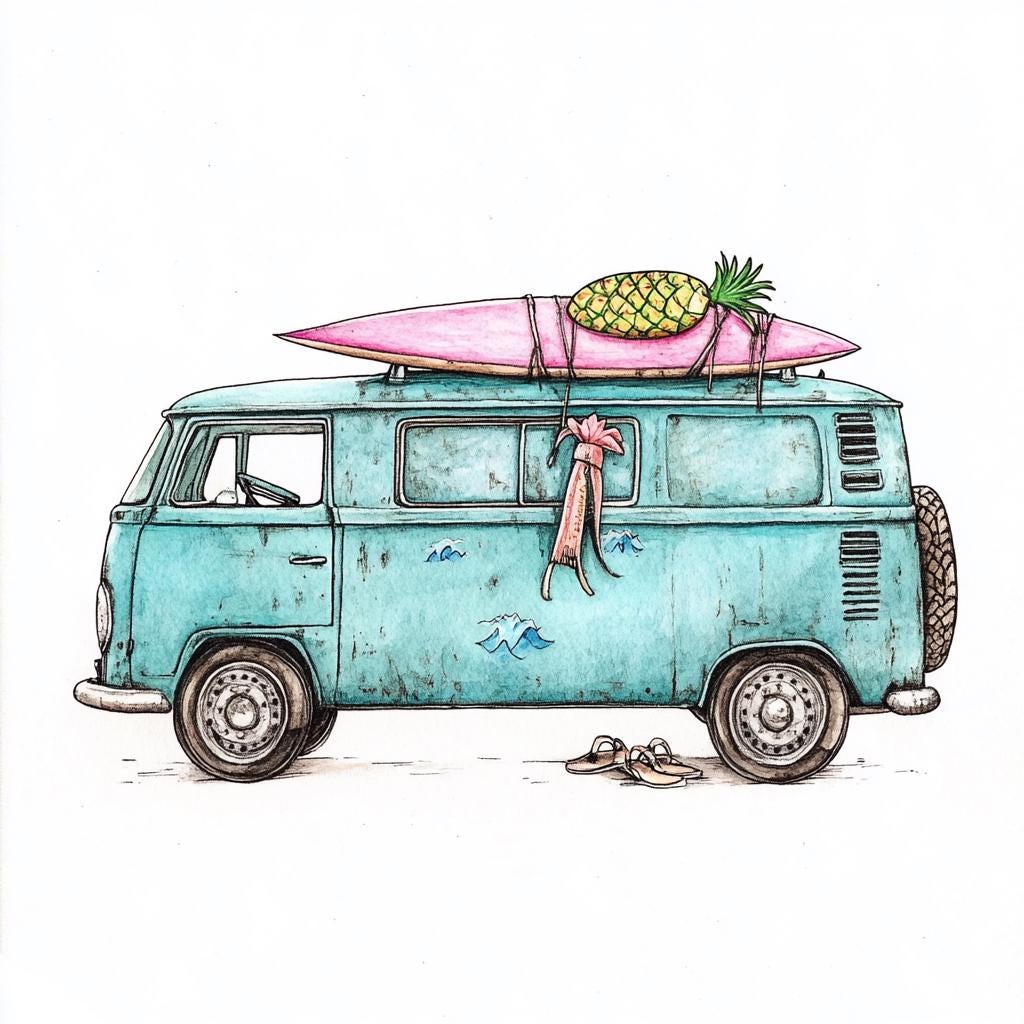 Surf Van Clipart Set – 10 High-res Watercolor Jpgs – Retro Beach Bus ...