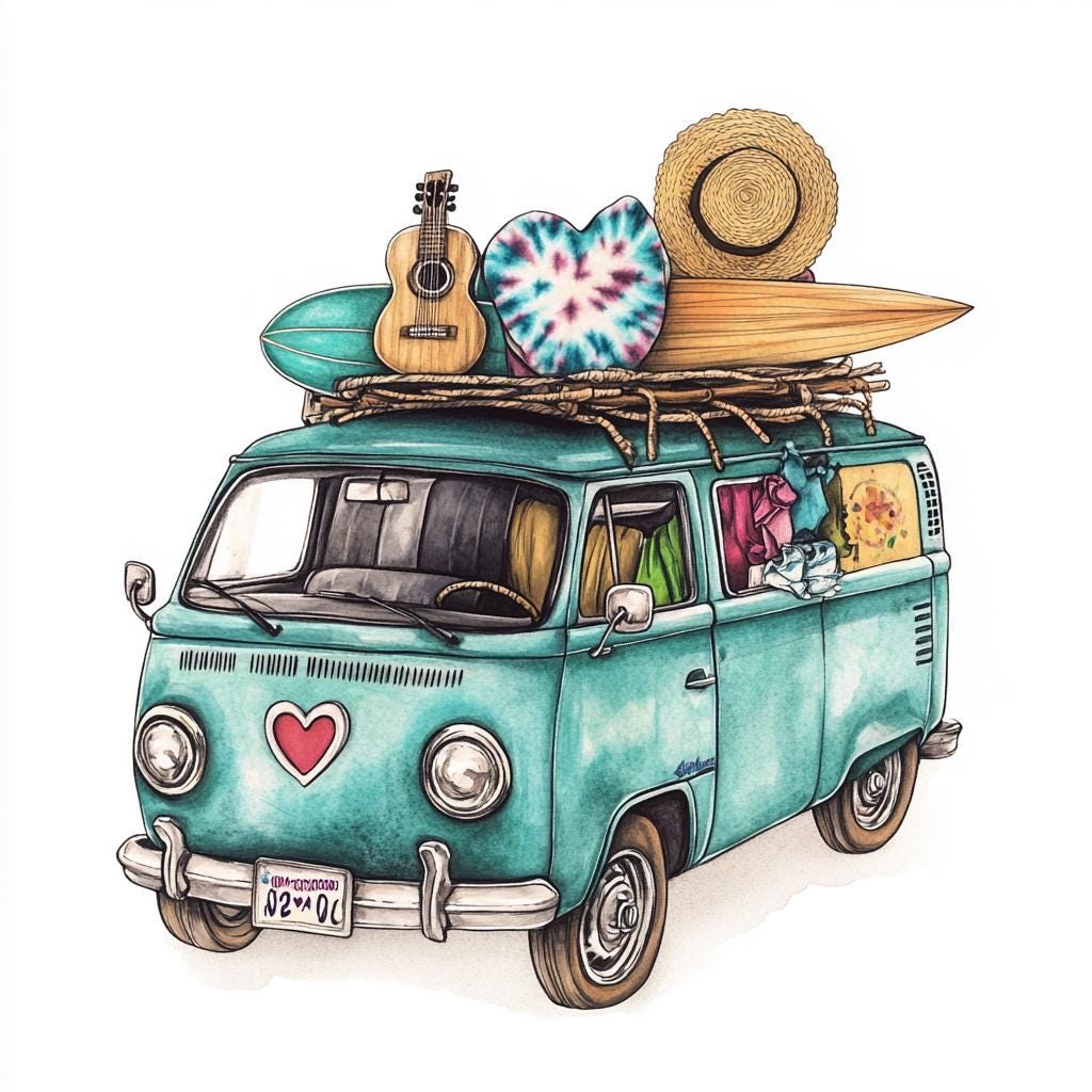 Surf Van Clipart Set – 10 High-res Watercolor Jpgs – Retro Beach Bus ...