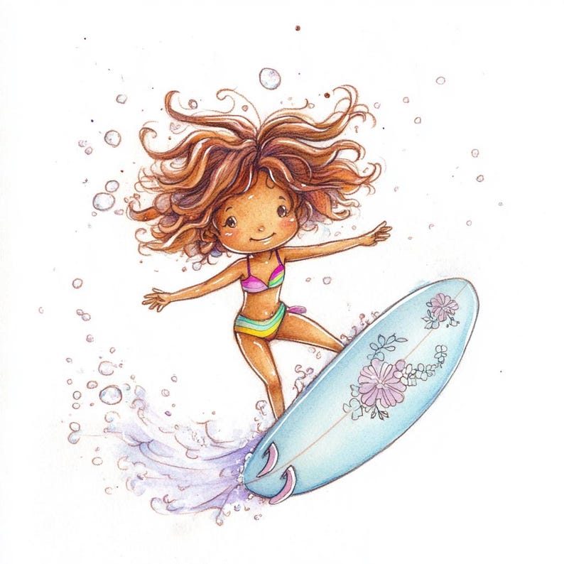 Surf Kids Clipart – 10 High-res Watercolor Jpgs – Cute Beach Children ...