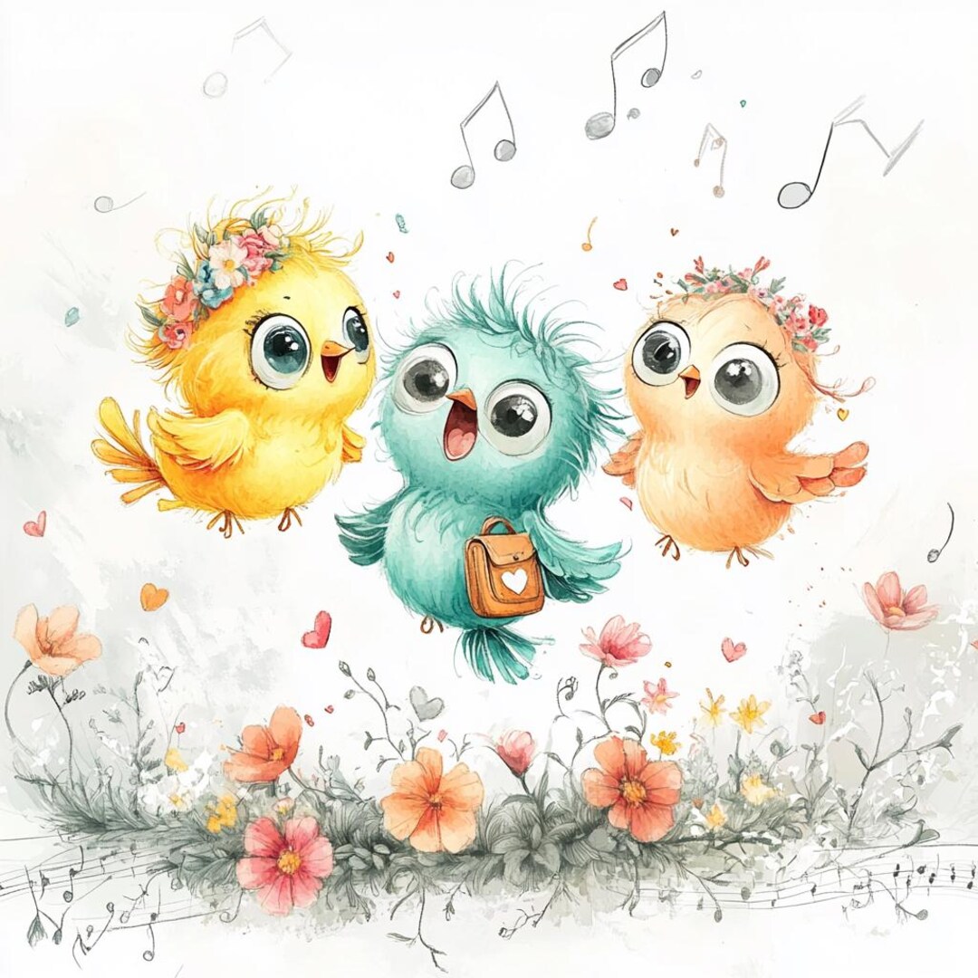 Singing Birds Clipart – 10 High-res Watercolor Jpgs – Cute Spring Bird ...