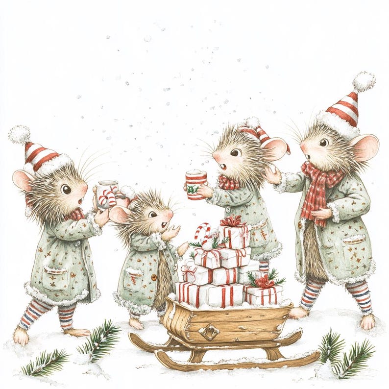 Cozy Christmas Mice Clipart – 10 Watercolor Winter Mouse Jpgs – Hot ...