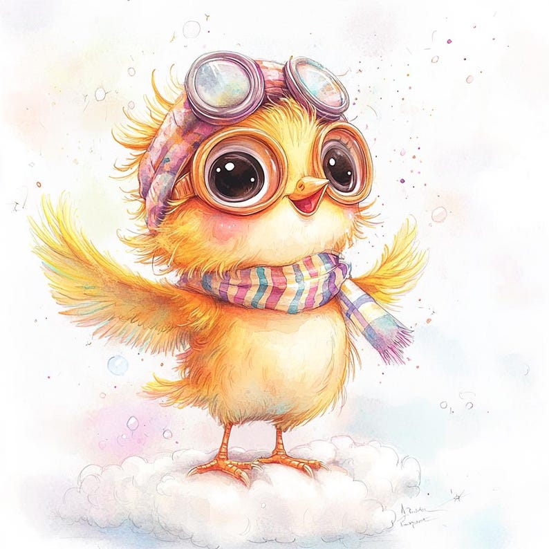 Aviator Bird Clipart – 10 High-res Watercolor Jpgs – Cute Flying Chick ...