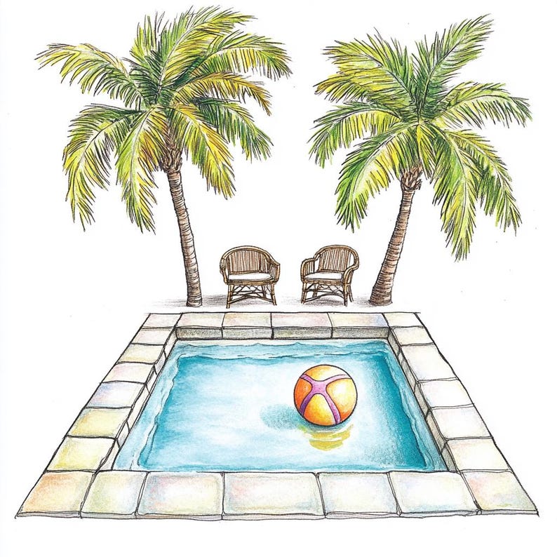 Tropical Pool Clipart – 10 Summer Poolside Scene Jpgs – Palm Tree ...