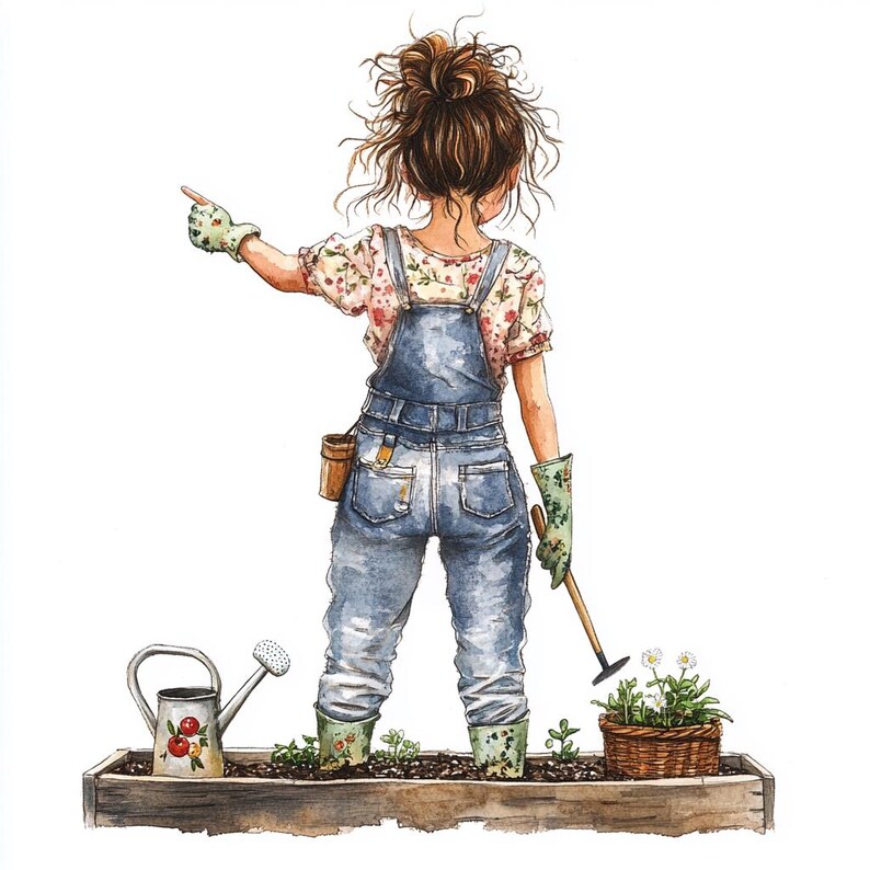 Whimsical Gardening Girl Clipart – 10 High-res Watercolor Jpgs – Cute ...