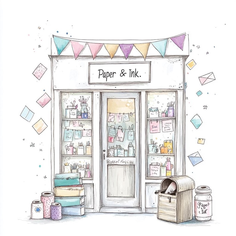 Paper Shop Clipart – 10 High-res Watercolor Jpgs – Whimsical Stationery ...