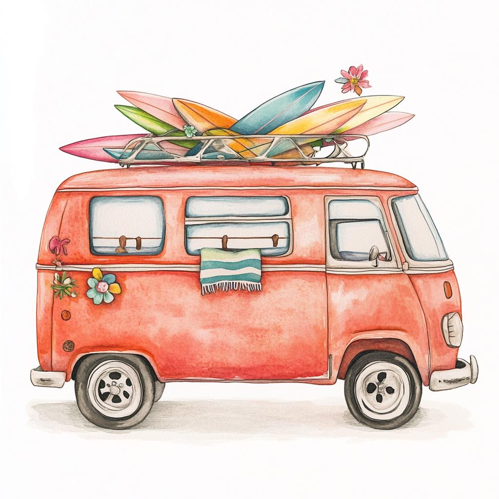 Surf Van Clipart Set – 10 High-res Watercolor Jpgs – Retro Beach Bus ...