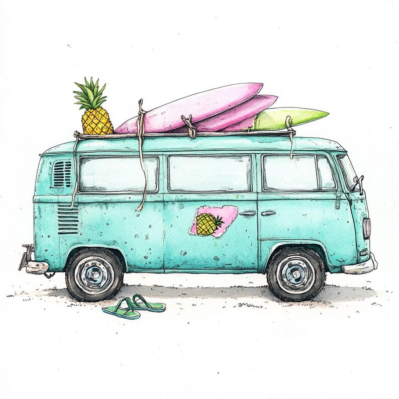 Surf Van Clipart Set – 10 High-res Watercolor Jpgs – Retro Beach Bus ...