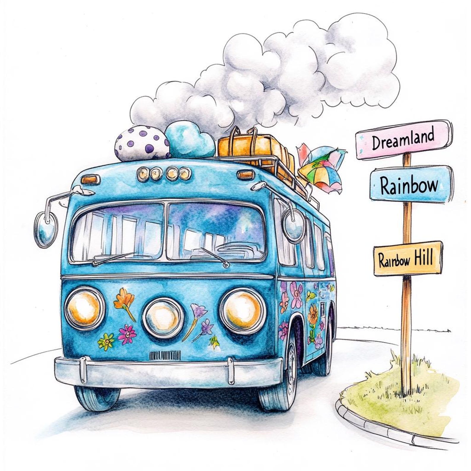 Boho Buss Clipart Set – 10 High-res Watercolor Jpgs – Whimsical Vintage ...