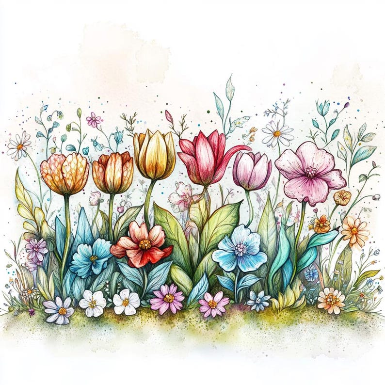 Spring Garden Flowers Clipart – 10 High-res Watercolor Jpgs – Colorful ...