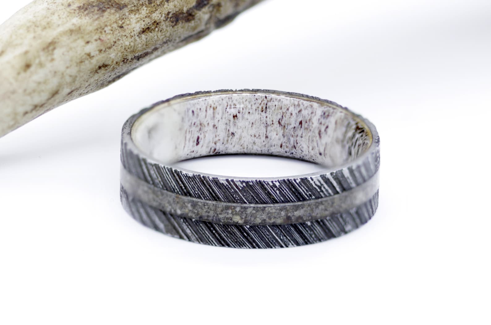 Damascus Steel Antler Ring Dinosaur Fossil Wedding Band Petrified ...
