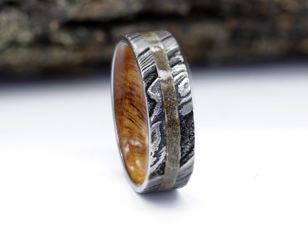 Petrified Dinosaur Bone Ring Damascus Wedding Band Hawaiian Koa Wood ...
