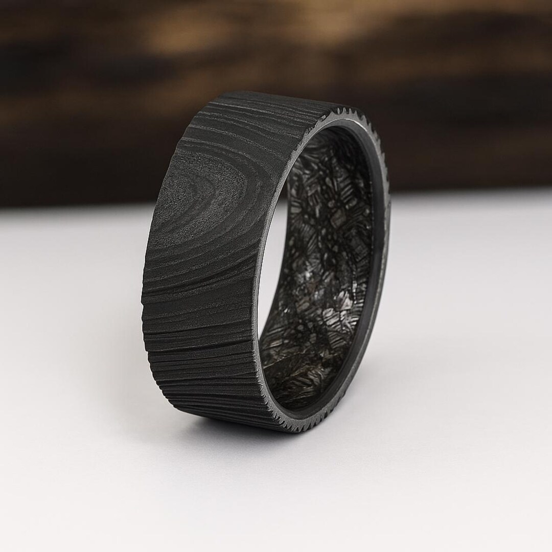 Meteorite Wedding Ring Black Damascus Band Flat Man Woman Size Gibeon ...