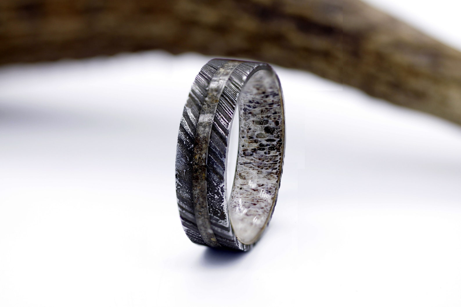 Damascus Steel Antler Ring Dinosaur Fossil Wedding Band Petrified ...