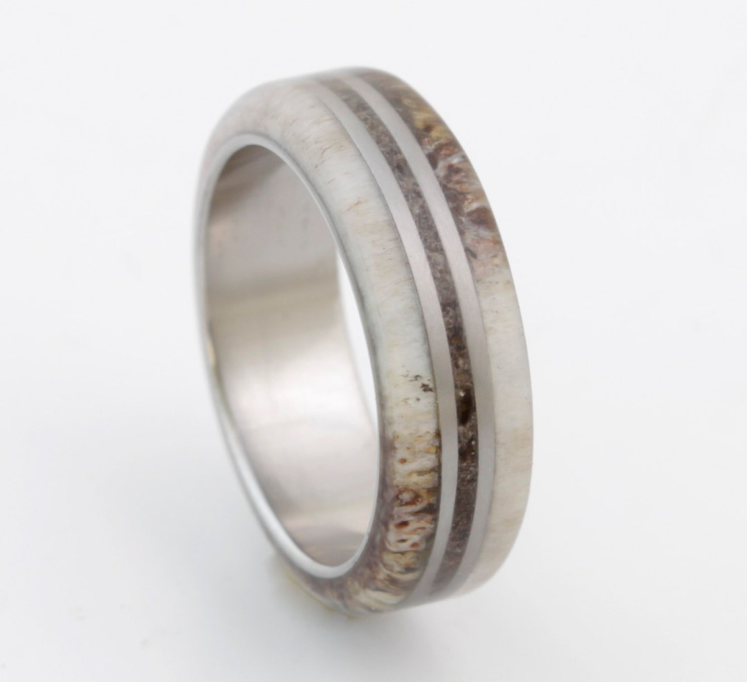 Antler Ring Titanium Ring With Dinosaur Bone Deer Antler Band Mens ...