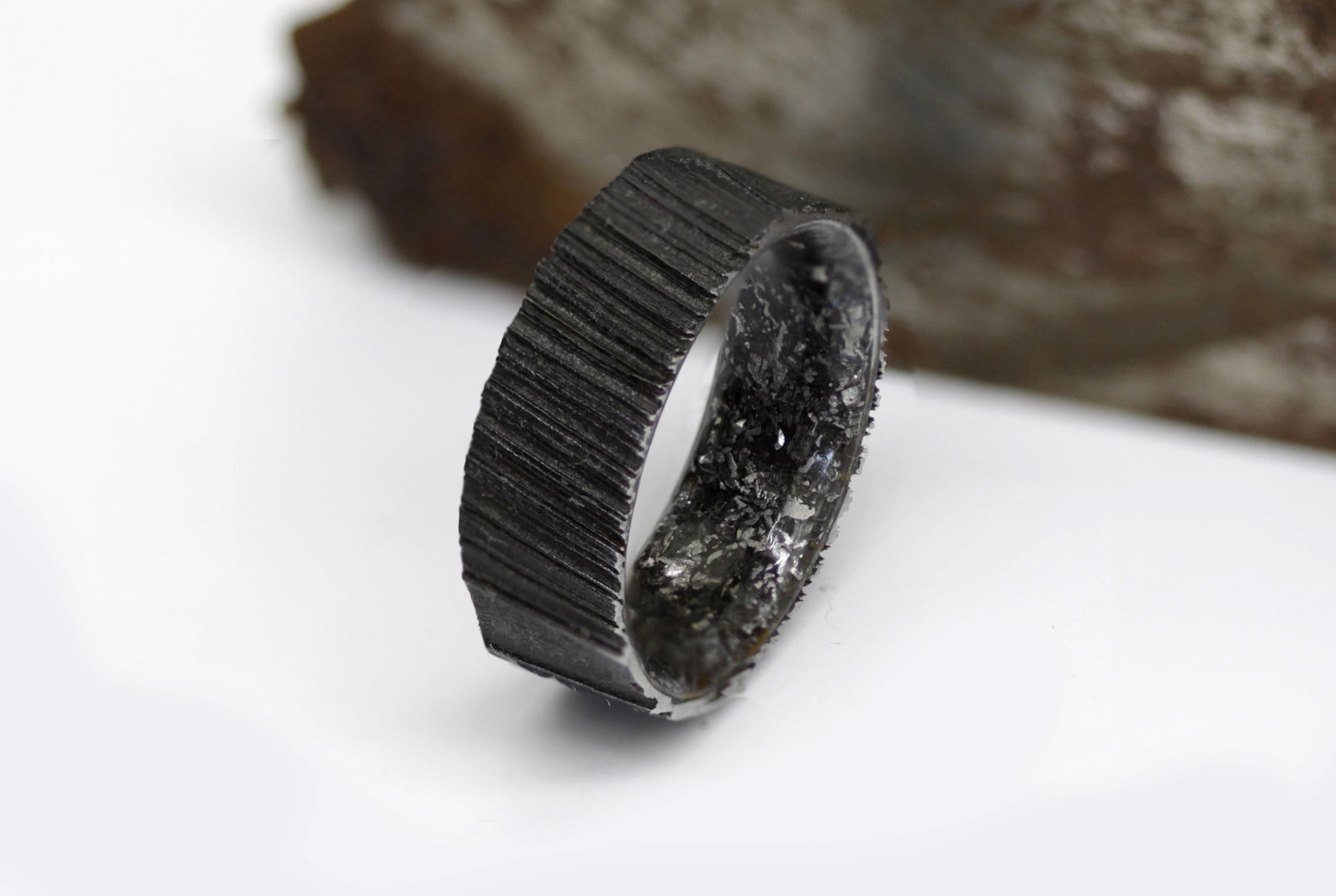 Meteorite Wedding Ring Black Damascus Band Flat Man Woman Size Gibeon ...