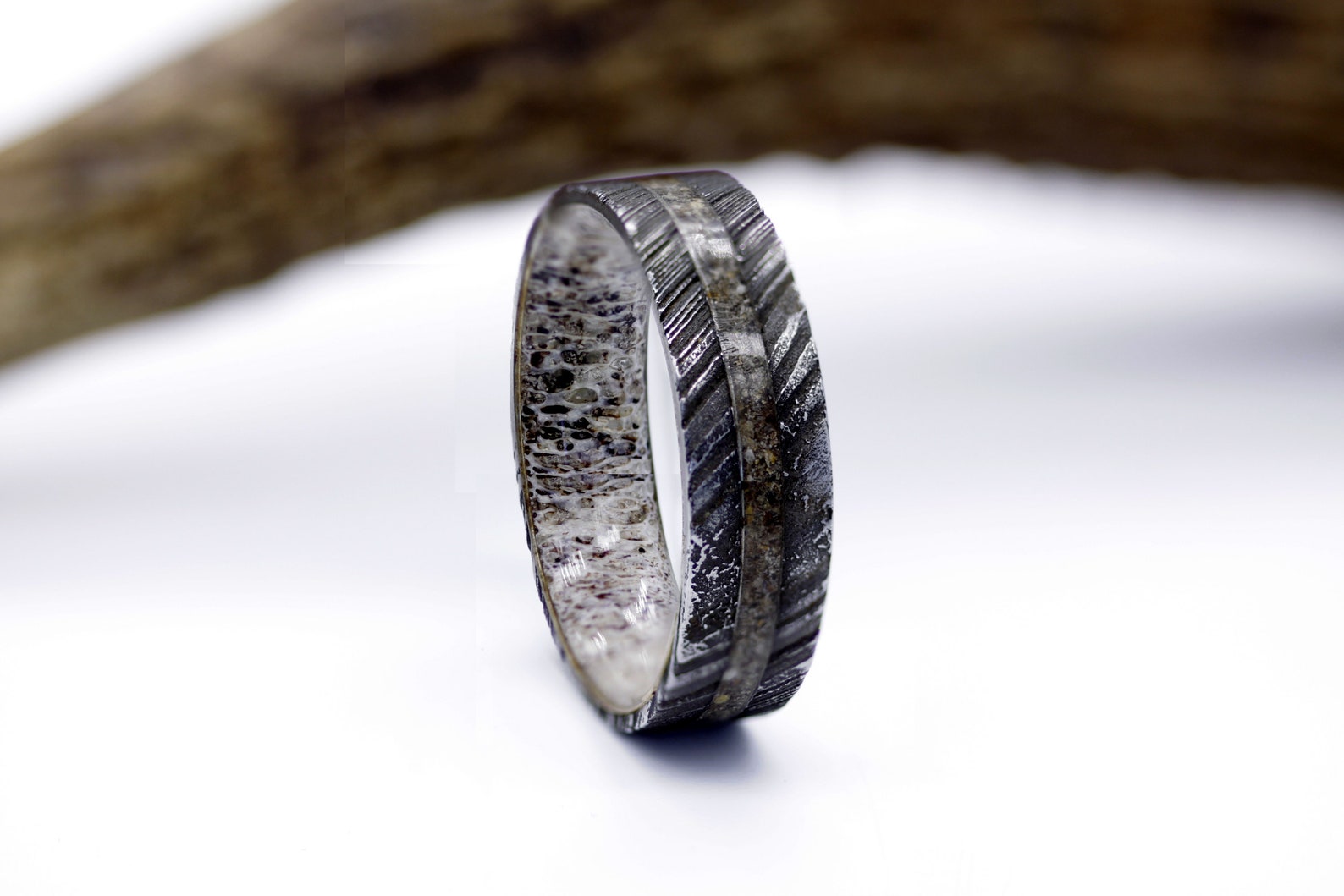 Damascus Steel Antler Ring Dinosaur Fossil Wedding Band Petrified ...