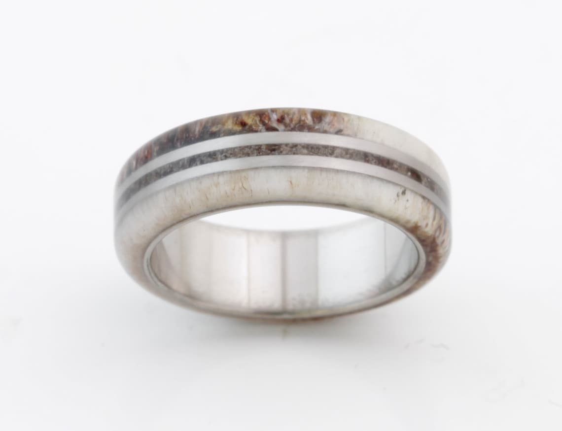 Antler Ring Titanium Ring With Dinosaur Bone Deer Antler Band | Etsy
