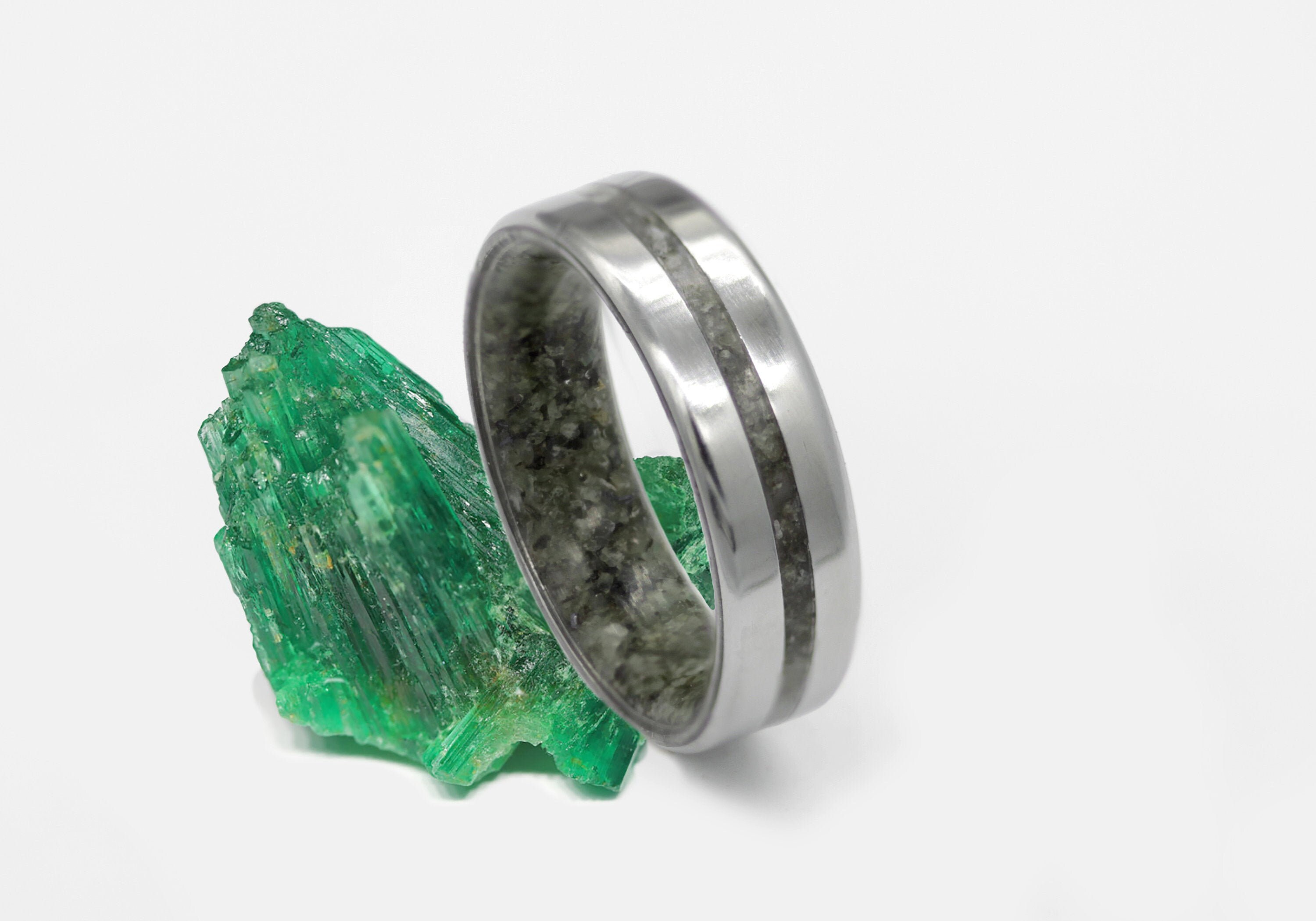 Emerald ring raw stone wedding band beveled band titanium | Etsy