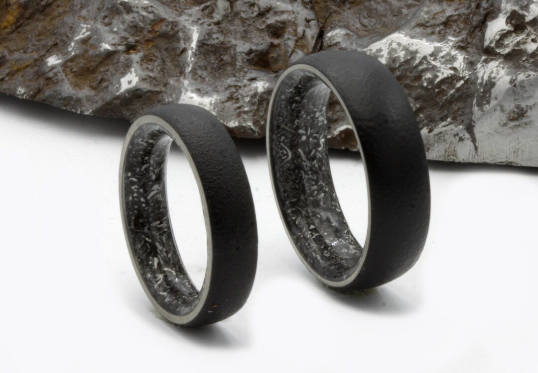Unique Meteorite Ring Set Round Band Black Titanium Metal Gibeon Man ...