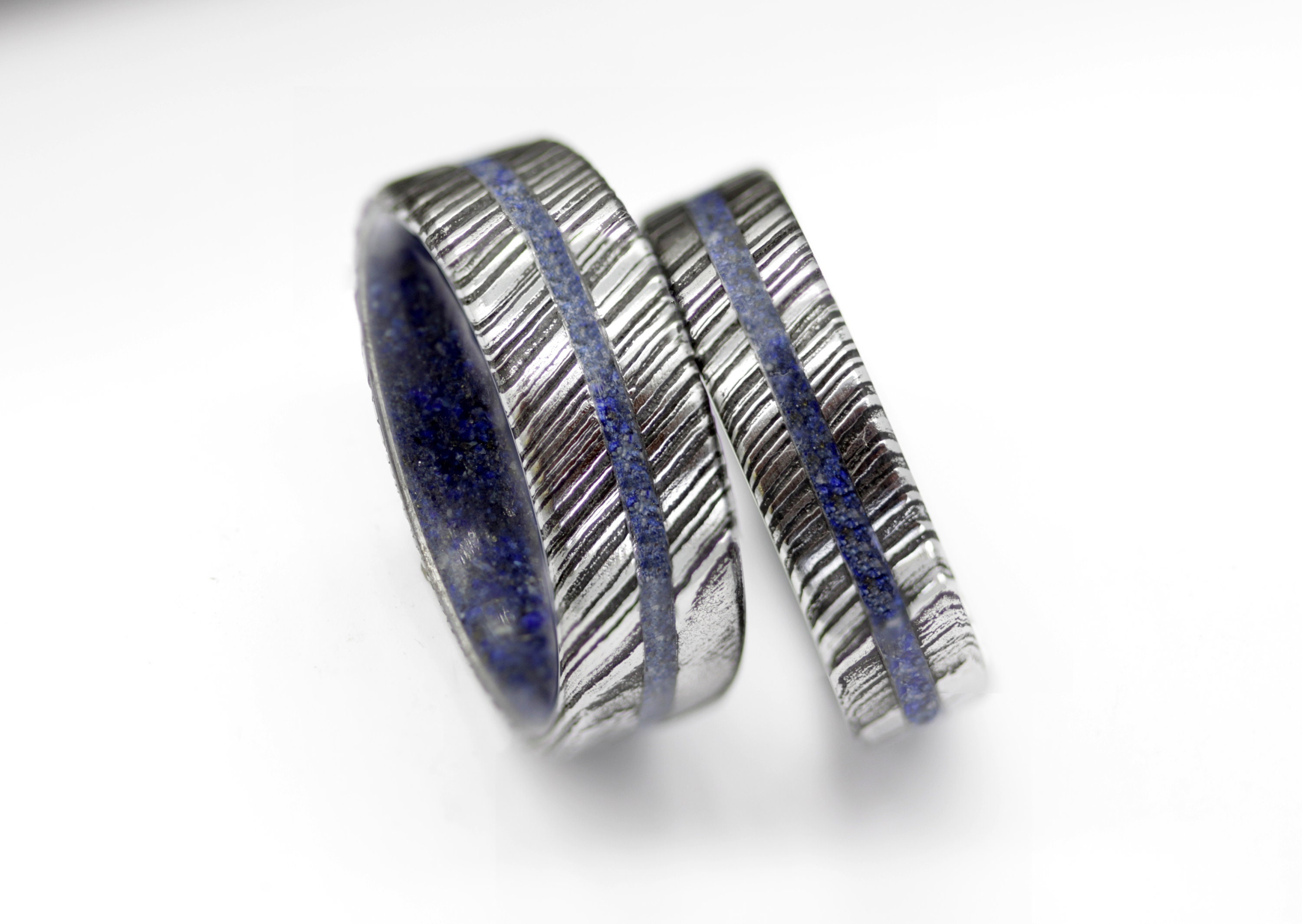 Matching ring set Damascus steel wedding set Lapis Lazuli | Etsy