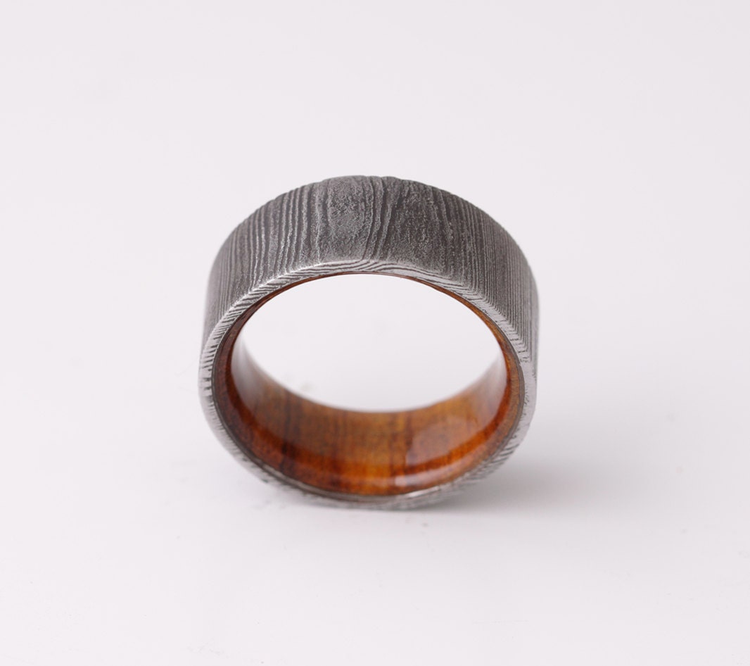 Damascus Steel Wood Ring Steel Wedding Band Steel Wood Ring Desert Iron ...