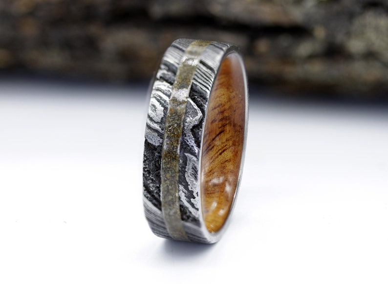 Petrified Dinosaur Bone Ring Damascus Wedding Band Hawaiian Koa Wood ...