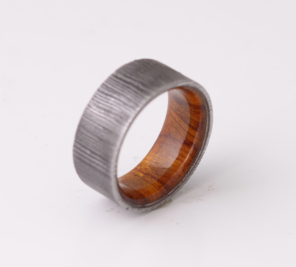 Damascus Steel Wood Ring Steel Wedding Band Steel Wood Ring Desert Iron ...