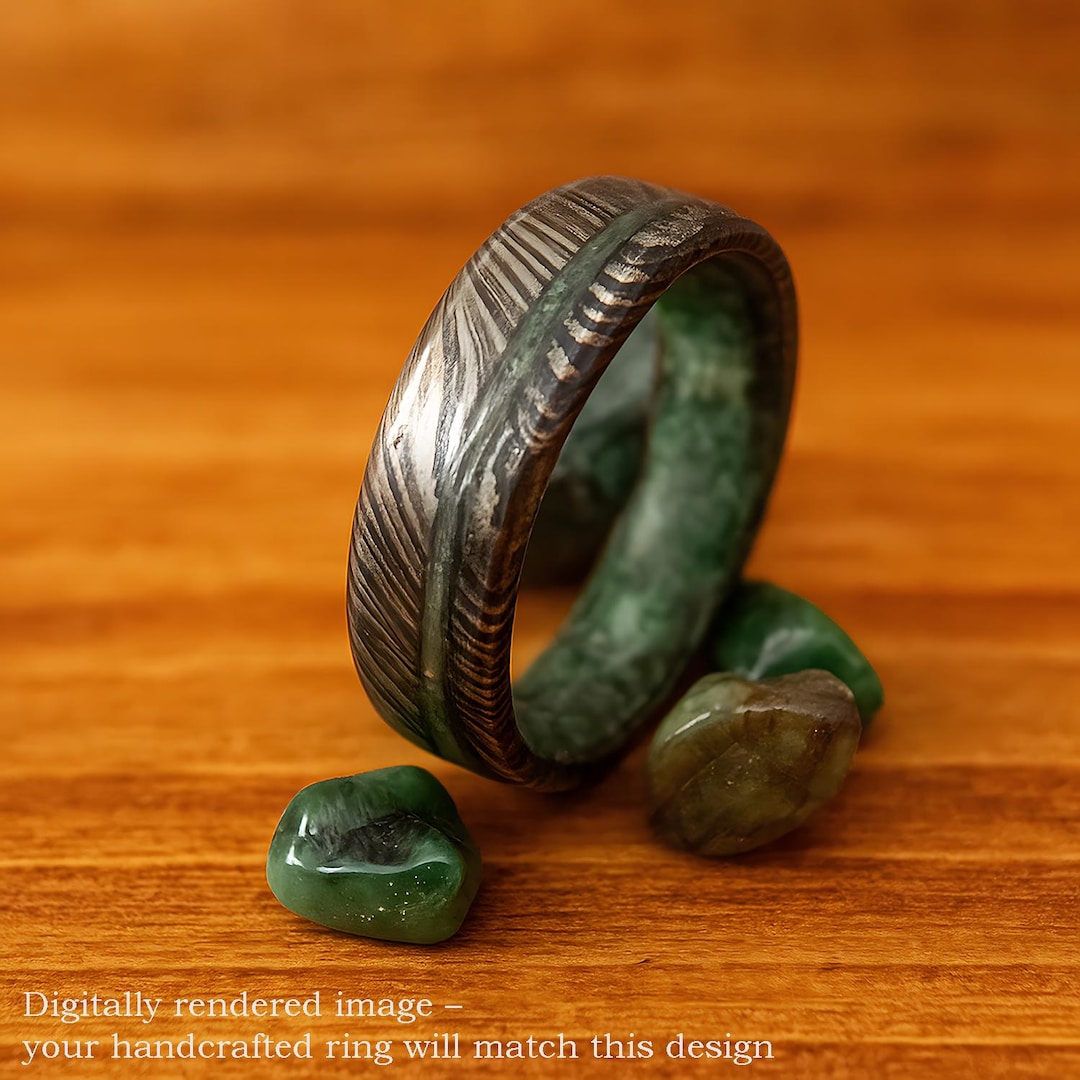 Damascus Steel Wedding Band: Raw Emerald Stone, Beveled Comfort Fit - Etsy