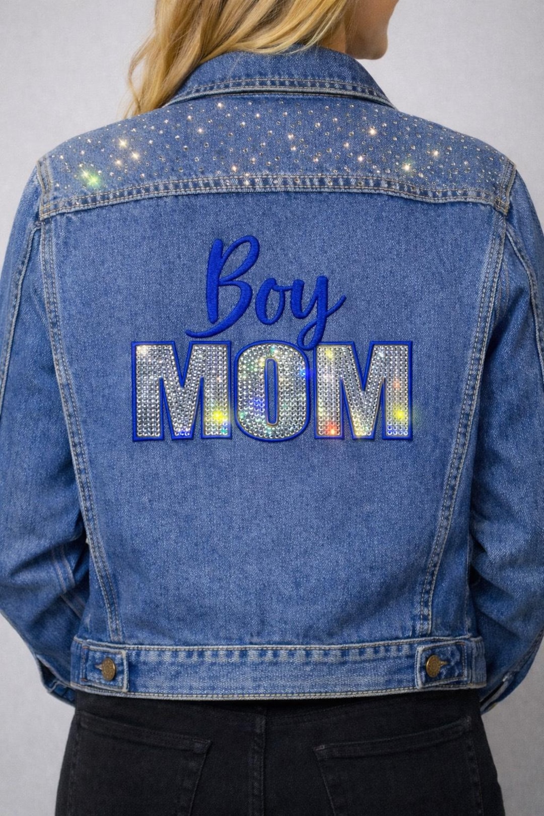 Boy Mom Embroidered Denim Jacket, Rhinestone Bling, Personalized Jean ...