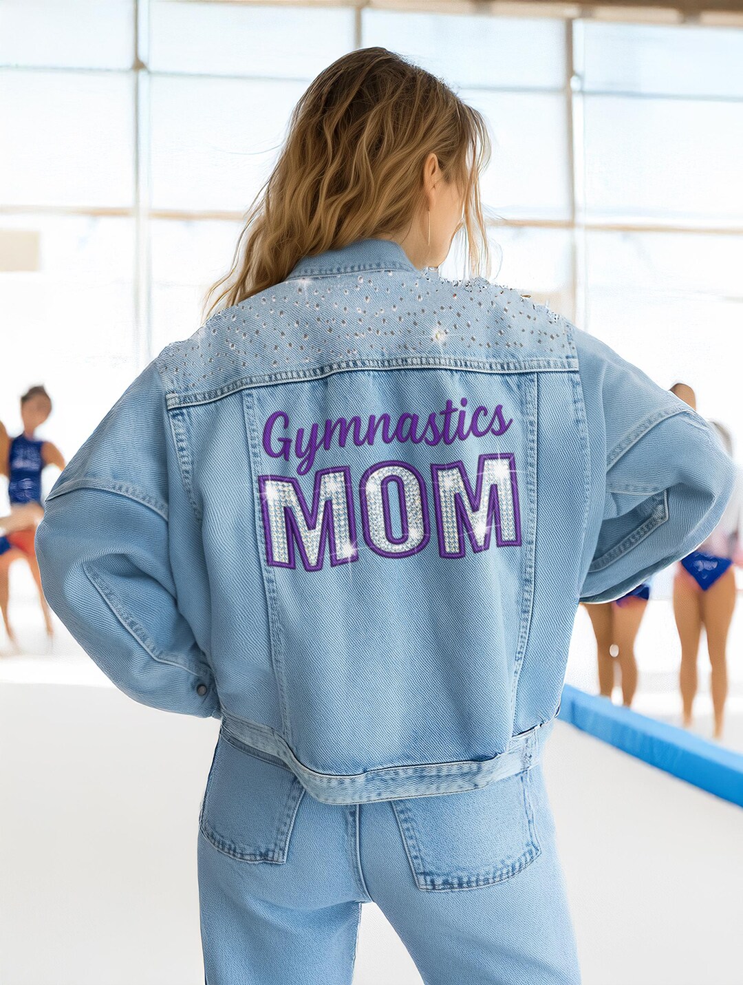 Custom Gymnastics Mom Denim Jacket – Rhinestone Embroidered ...