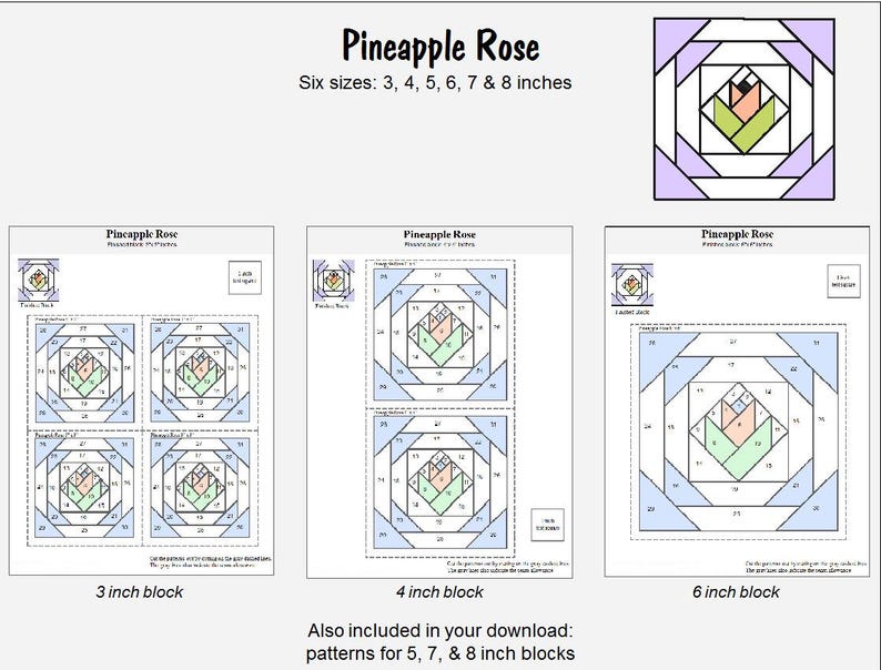 Pineapple Rose Quilt Block Pattern: Foundation Paper Piecing (PDF ...