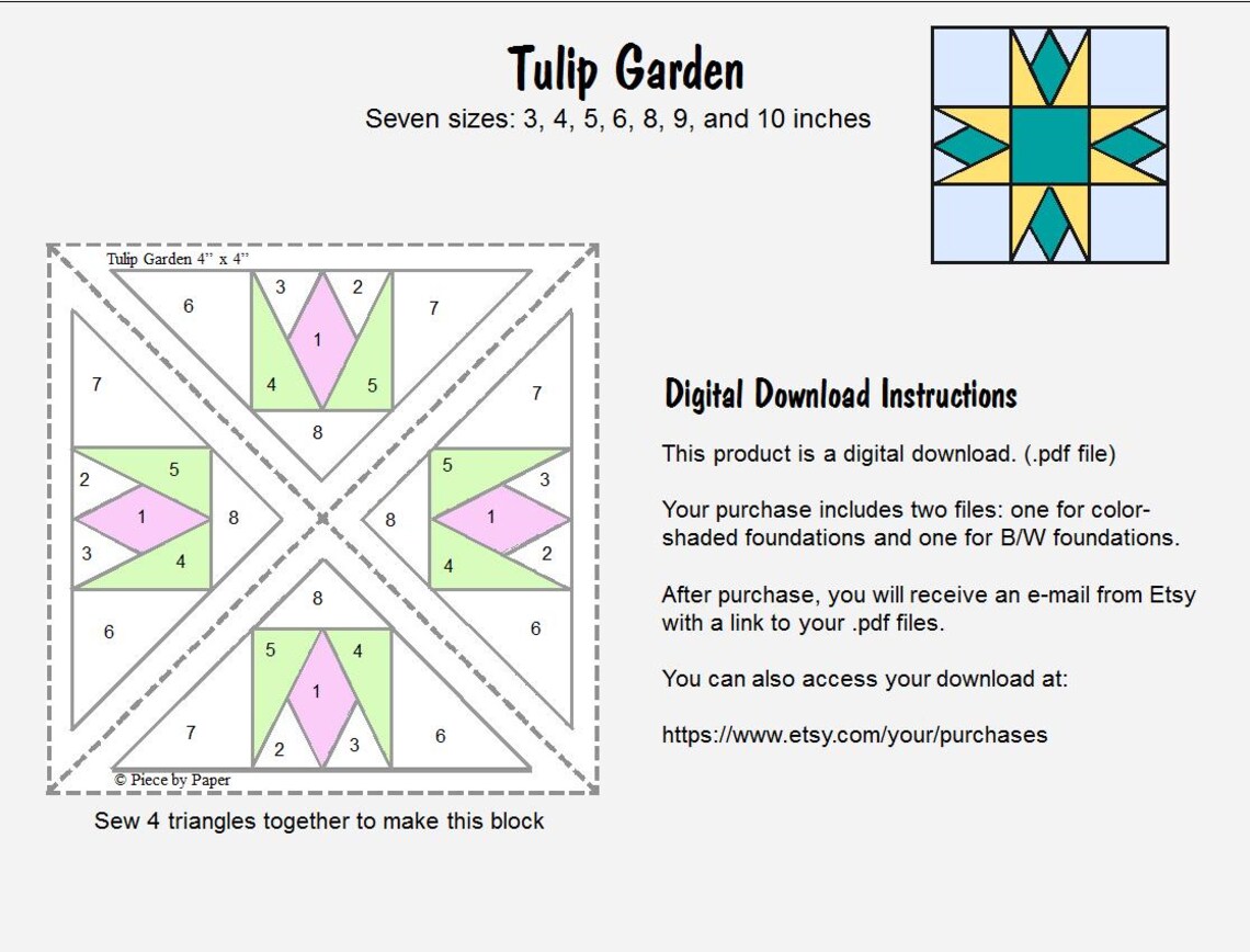 FPP Pattern: Tulip Garden Block-- 7 Sizes, Foundation Paper-piecing ...