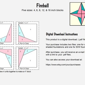 FPP Pattern: Fireball Block-- 5 Sizes, Foundation Paper-piecing Pattern ...