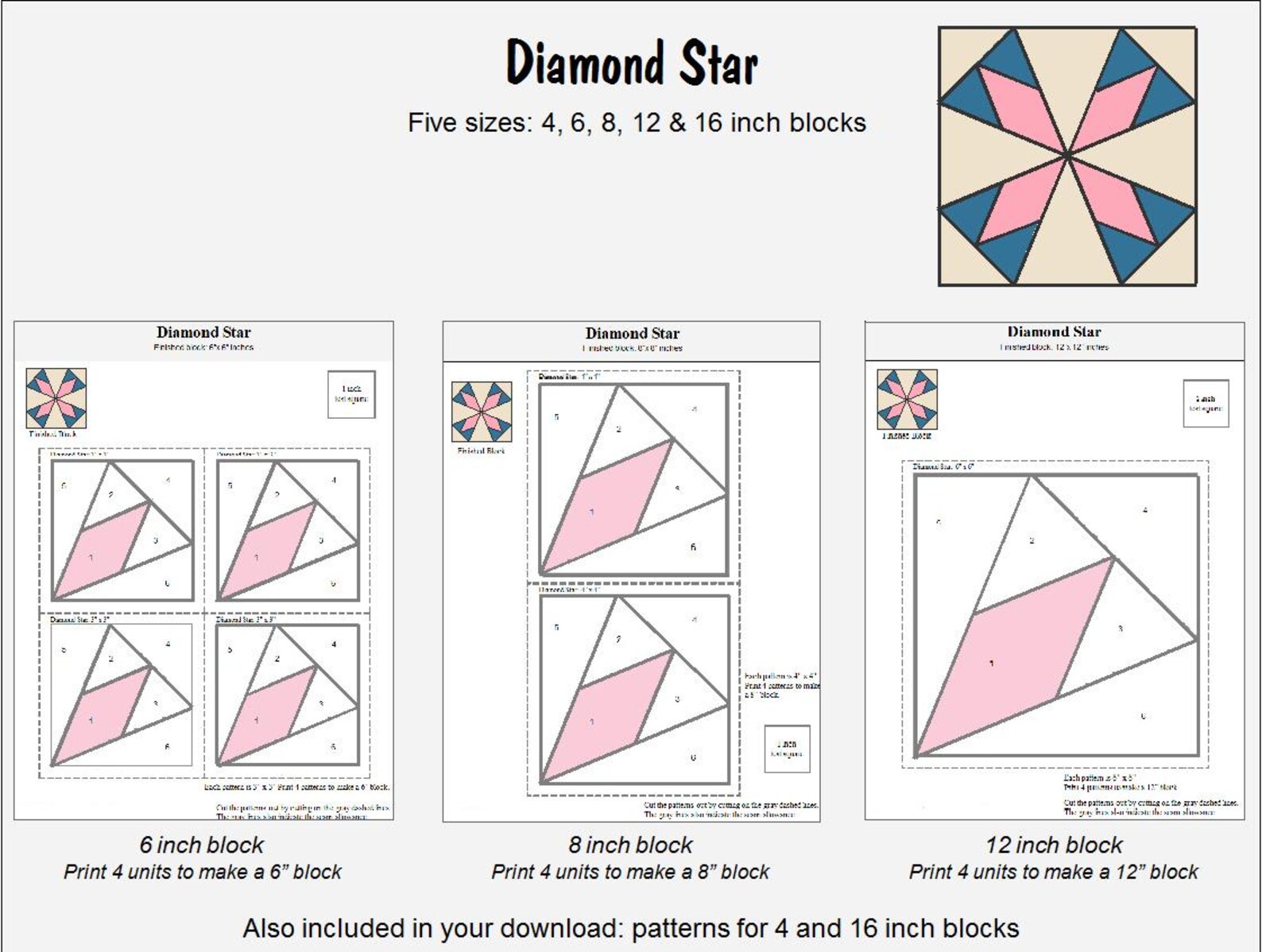 FPP Pattern: Diamond Star Block-- 5 Sizes, Foundation Paper-piecing ...
