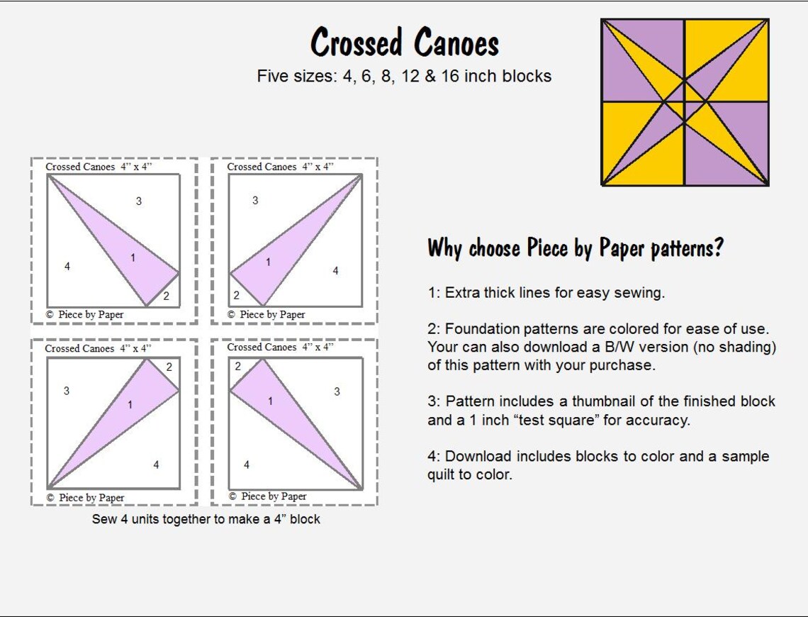 Crossed Canoes Quilt Block: FPP Pattern, 5 Sizes (PDF Download) - Etsy