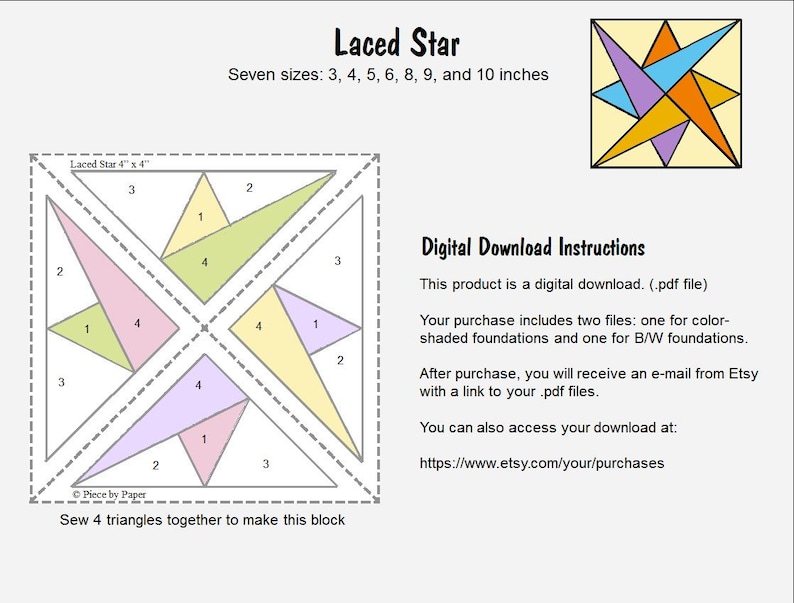 Laced Star Quilt Block Pattern: 7 Sizes, Paper Piecing (PDF Download ...