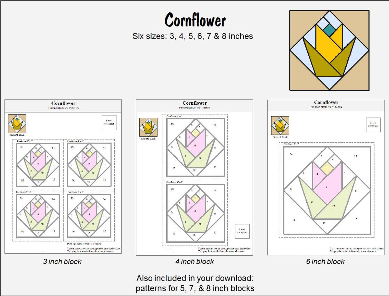 FPP Pattern: Cornflower Block -- 6 Sizes, Foundation Paper-piecing Pattern, Multiple Sizes, PDF ...
