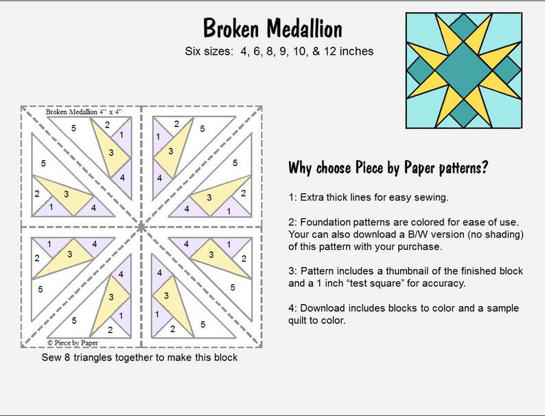 Broken Medallion Quilt Block Pattern: Foundation Paper Piecing, 6 Sizes ...