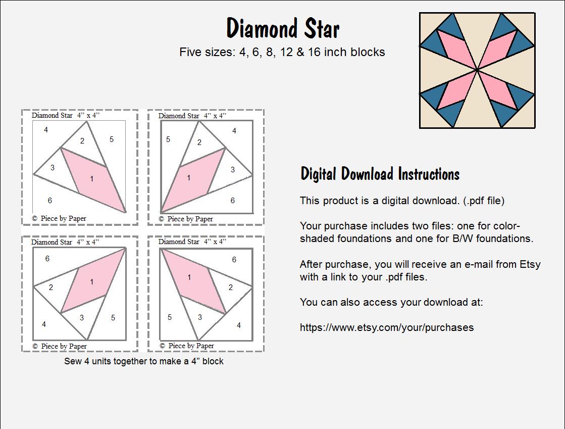 Diamond Star Quilt Block Pattern: Foundation Paper Piecing, 5 Sizes ...